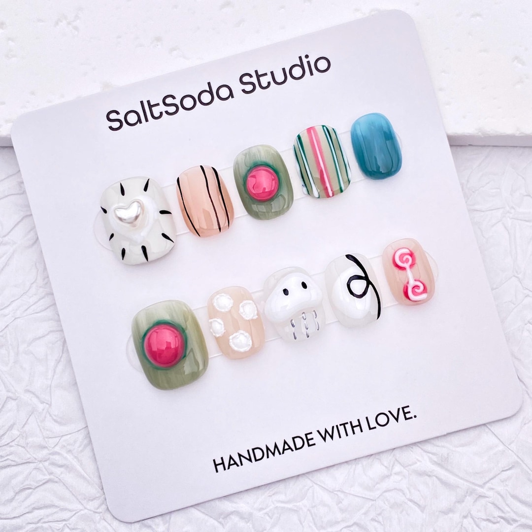 3d Cloud Heart Handmade Press on Nails: Bright Colorful Stripe, Short ...