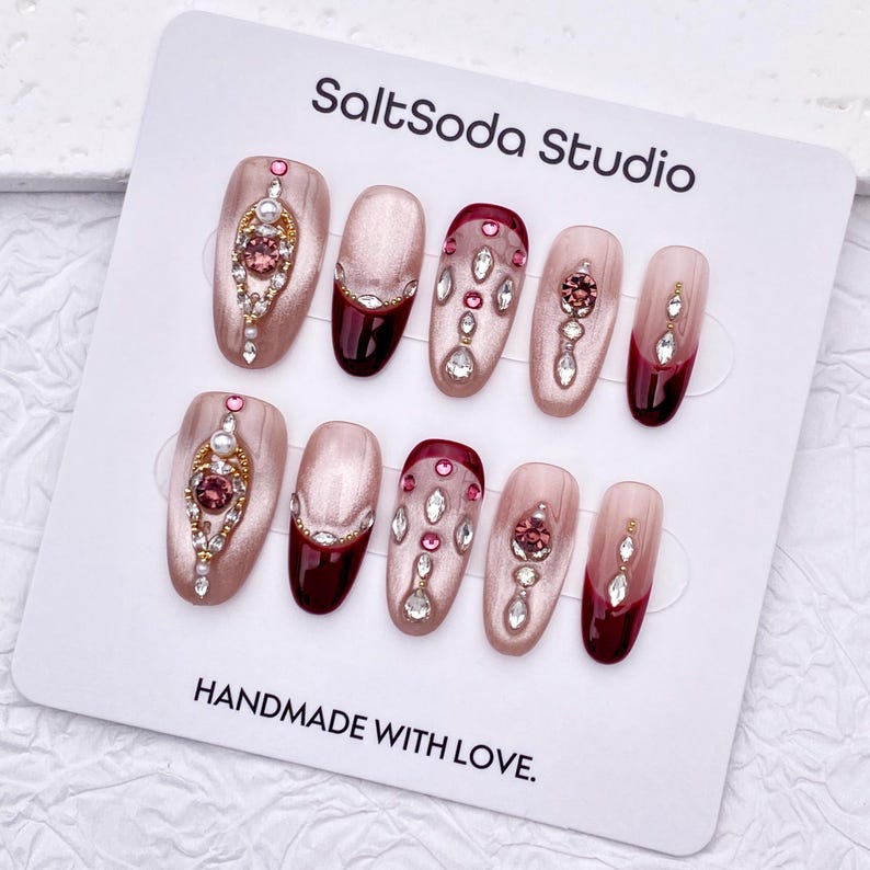 Crystal Handmade Press on Nails: Pink Cat Eye, Oval Shape, Burgundy ...
