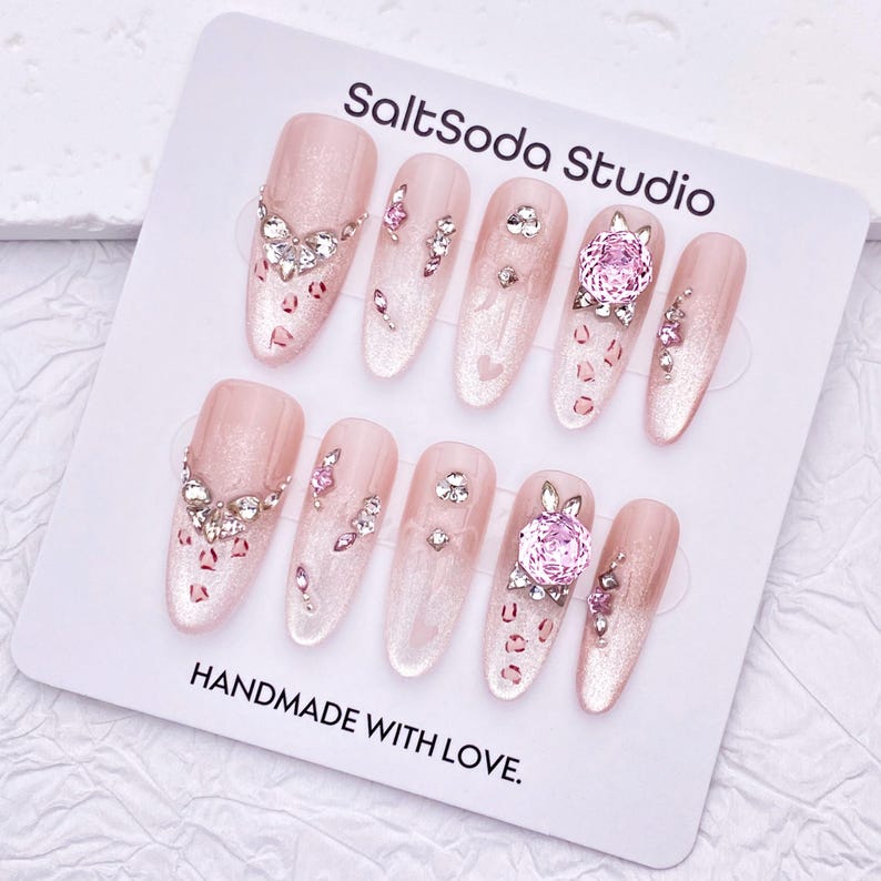 Leopard Crystal Handmade Press on Nails: Glitter Pink Cat Eye, Long ...