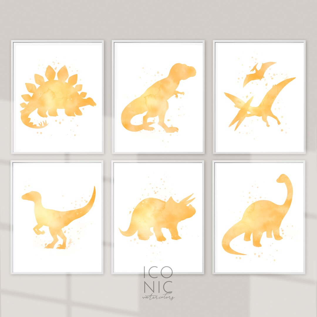 6 Golden Dinosaur Watercolors, Printable Art Set, Dinos Digital ...