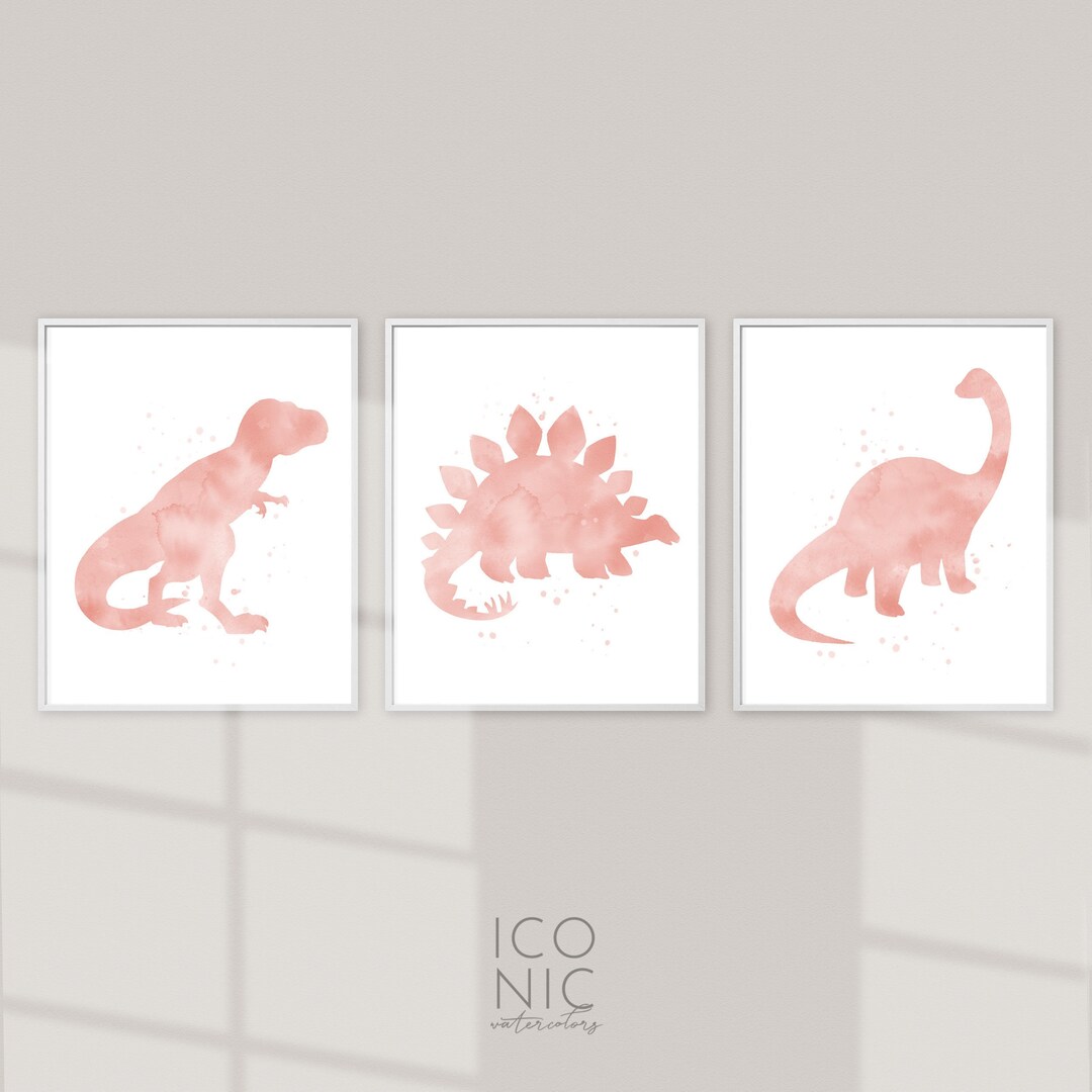 Set of 3 Pink Dinosaurs, Dinosaur Nursery Decor, Neautral Watercolor ...