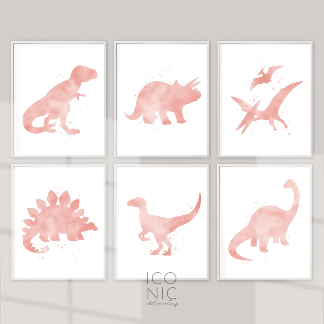 Printable Set 6 Watercolor Dinosaurs in Blush, Pink Dino Decor ...