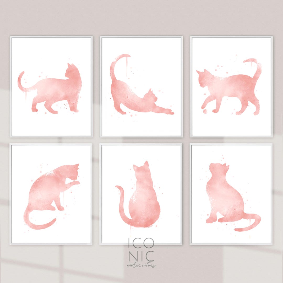 Printable Set 6 Kittens in Blush, Cute Kitty Decor, Pink Cat Printable ...