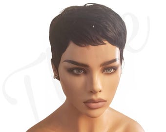 TERRI Beginners Friendly Petite Wig 100% Human Hair Pixie Black Woman Wig Salt and Pepper Grey ...