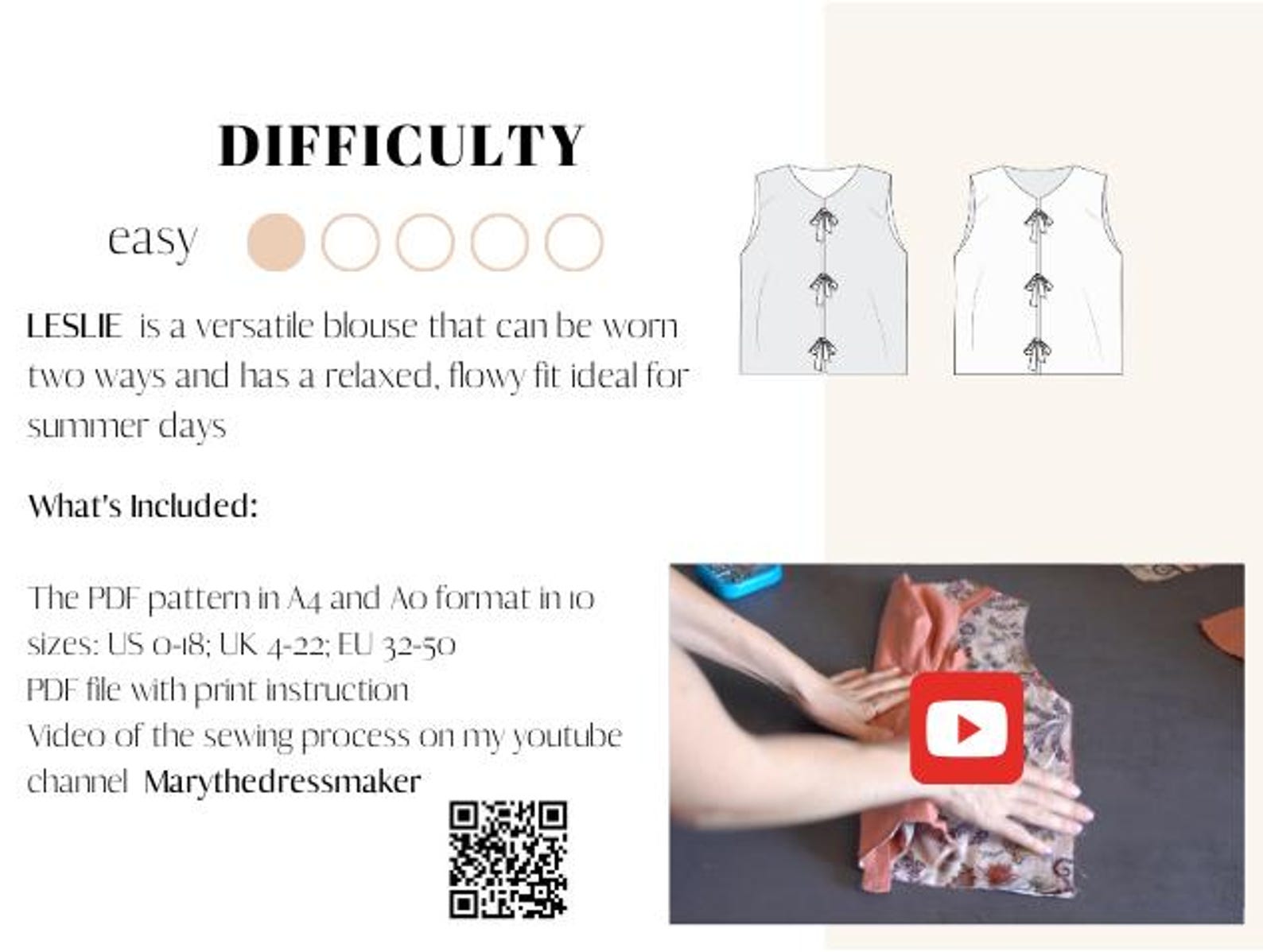 Leslie Reversible Tie-front Blouse Sewing Pattern (PDF) - Etsy