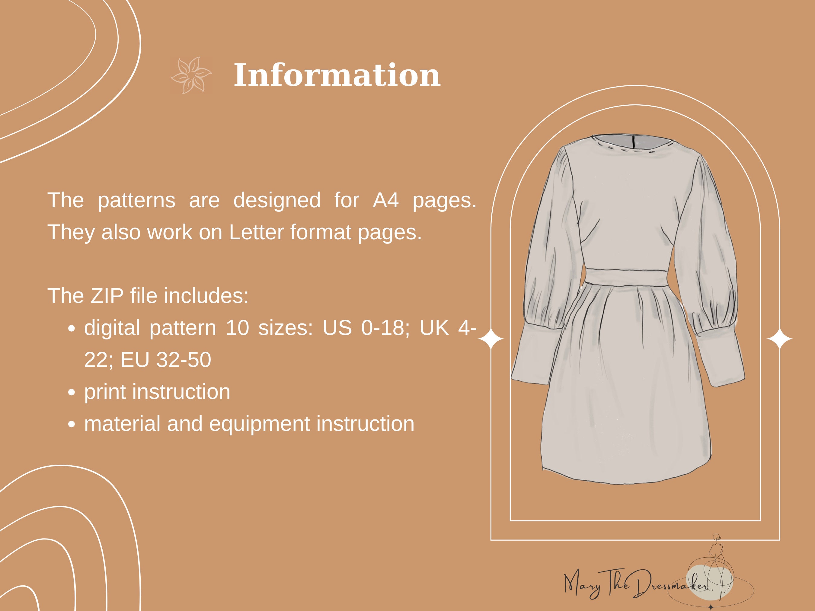 Bishop Sleeve Dress With French Darts Instant Download A4 PDF Sewing ...