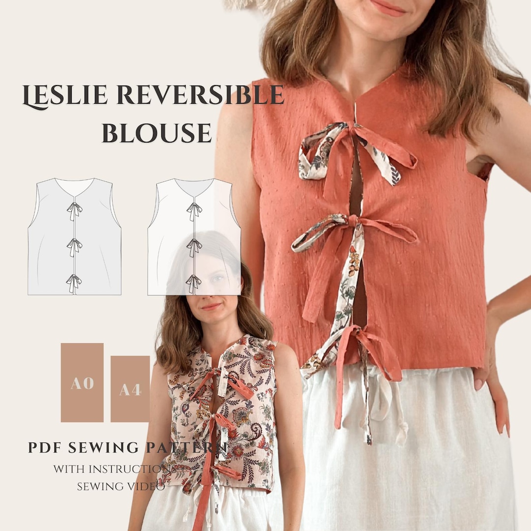 Leslie Reversible Tie-front Blouse Sewing Pattern (PDF) - Etsy
