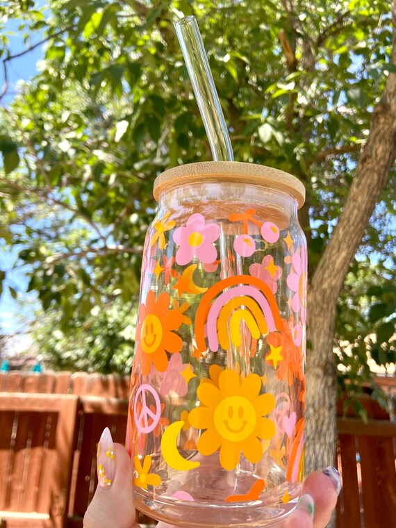 Groovy Floral Glass Can Iced Coffee Glass Aesthetic Beer Can - Etsy