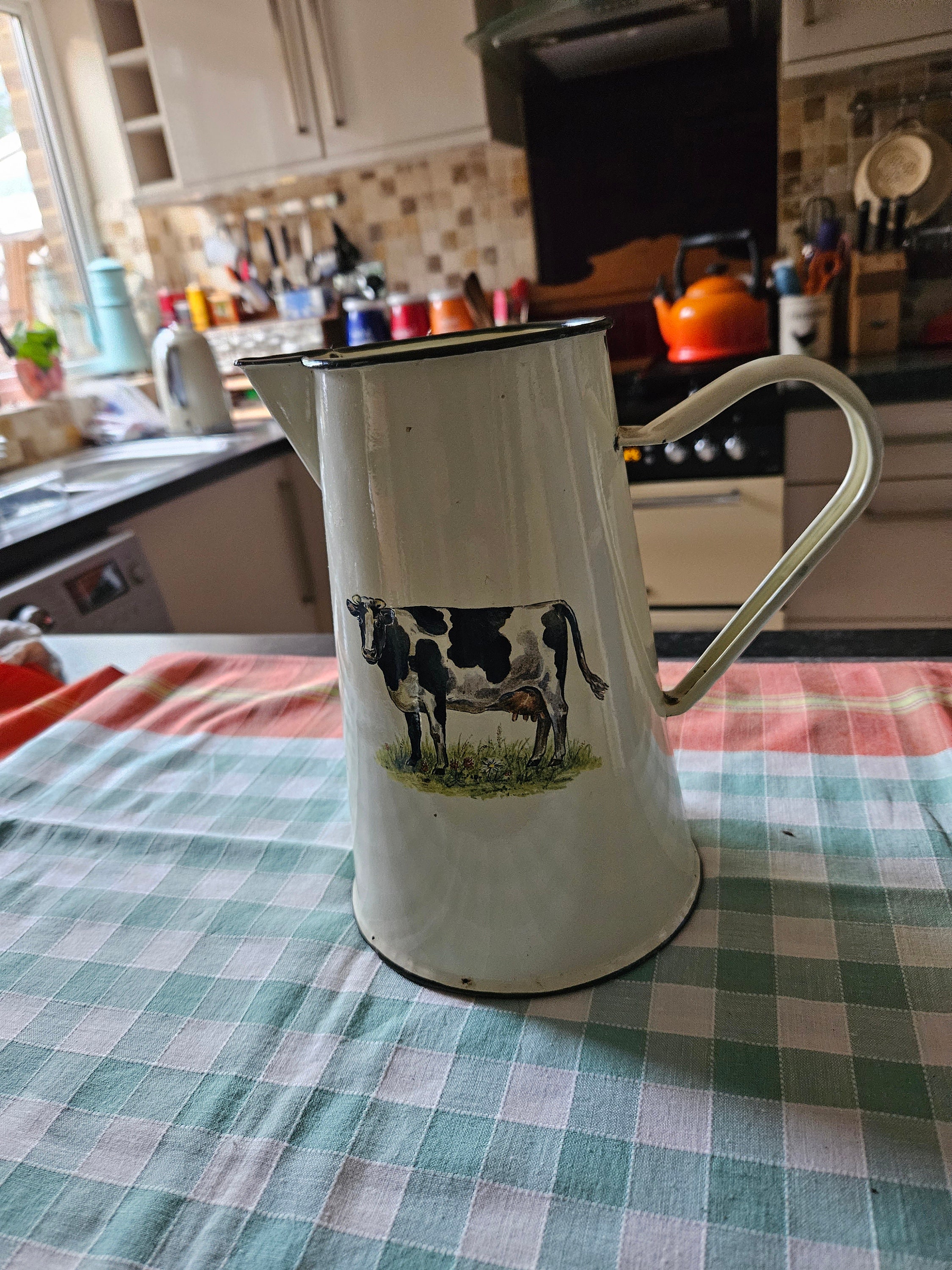 Large Cream Enamel Jug With Cow on the Front Very Rustic Bought in ...