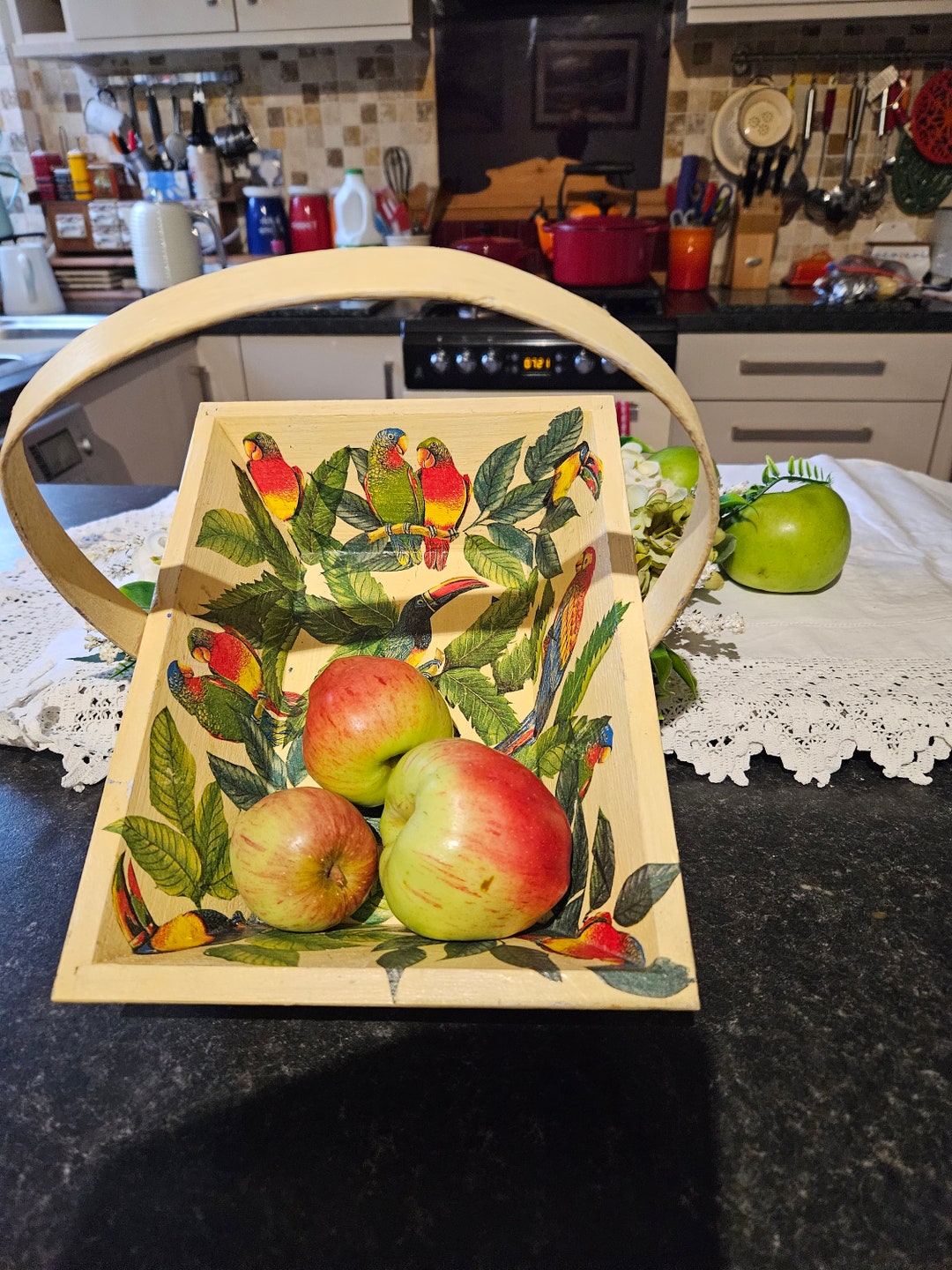 A Decoupage Decorated Wooden Basket Harvest Craft Room Garden Decor ...