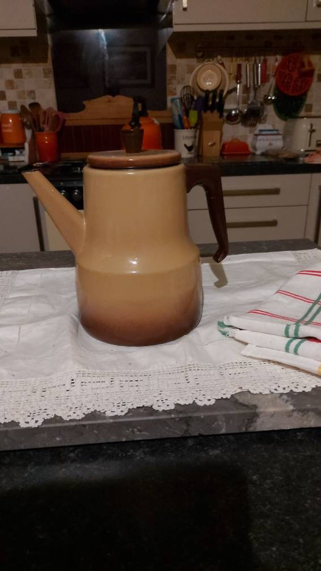 French Vintage Enamel Coffee Pot Graduated Brown Beige Bakelite Handle ...