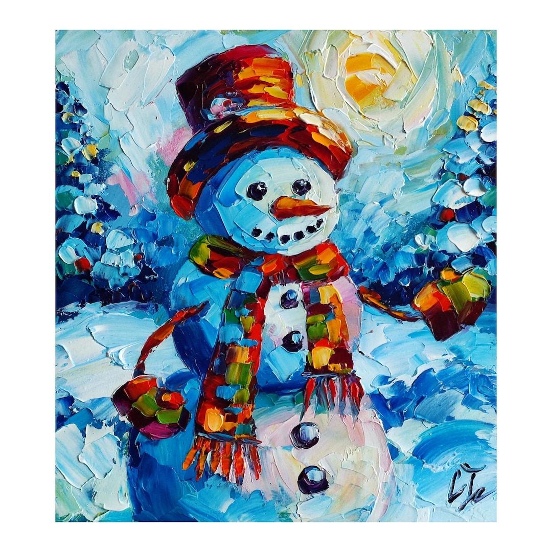 Snowman Oil Painting Original Art, Winter Artwork Christmas Painting 87 ...