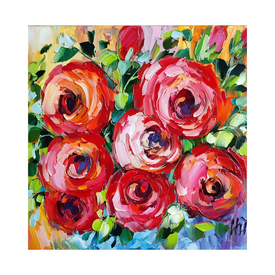 Red Rose Oil Painting, Abstract Flowers Impasto, Floral Original Wall ...