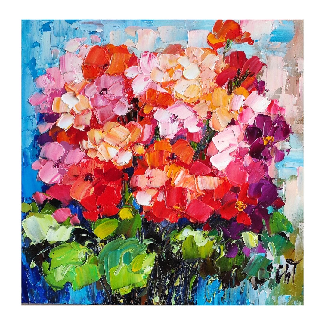 Geranium Oil Painting Floral Original Wall Art, Colorful Flowers ...