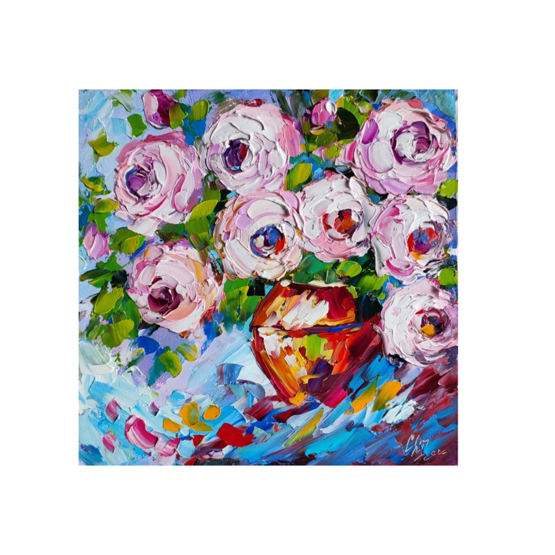 Rose Oil Painting Original, Pink Flowers Peony Artwork Floral Still ...