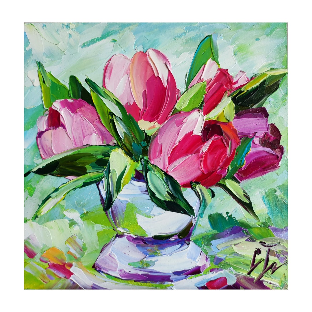 Tulips Oil Painting Original, Pink Flowers Impasto Tulip Artwork Floral ...