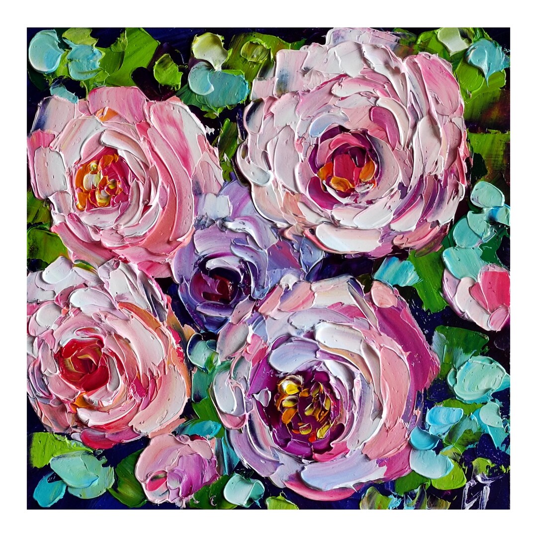 Rose Painting Original, Pink Flowers Oil Impasto Artwork Floral Small ...