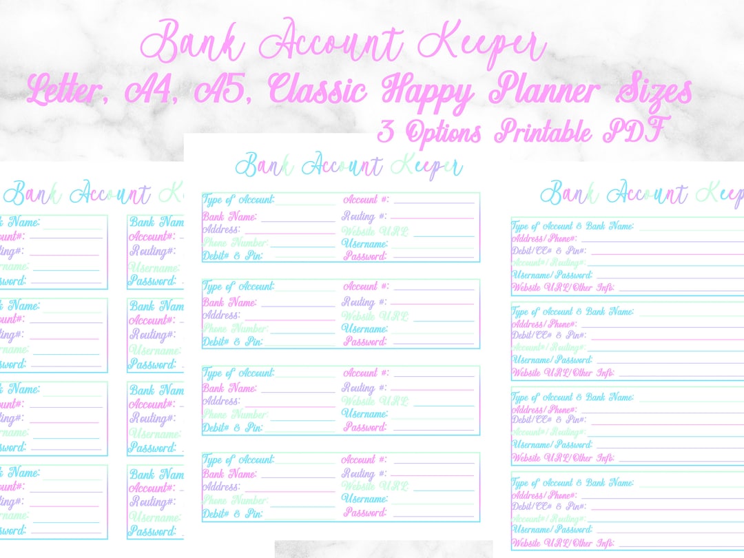 Colorful Bank Account Keeper, Digital Download, PDF, 4 Sizes US Letter ...