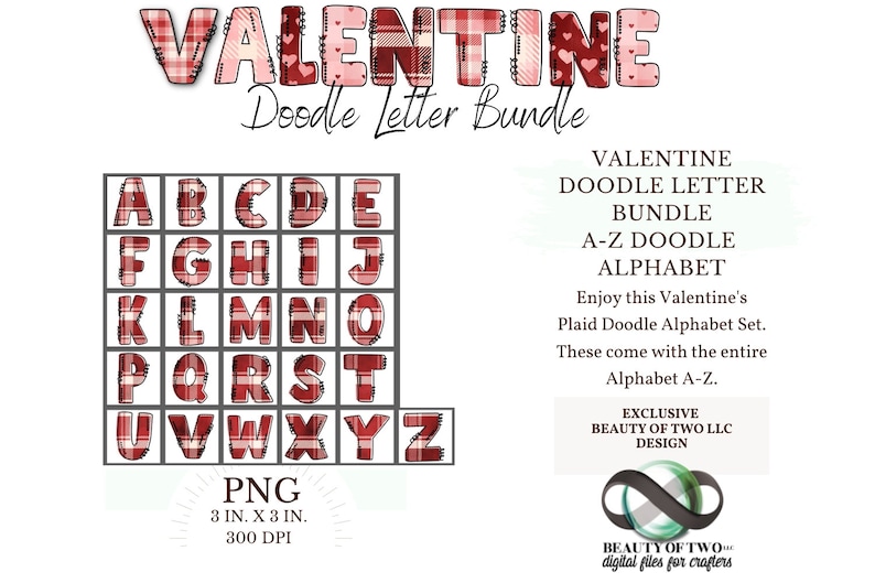 Valentine Doodle Letter PNG Bundle: Plaid Alphabet Designs (digital ...