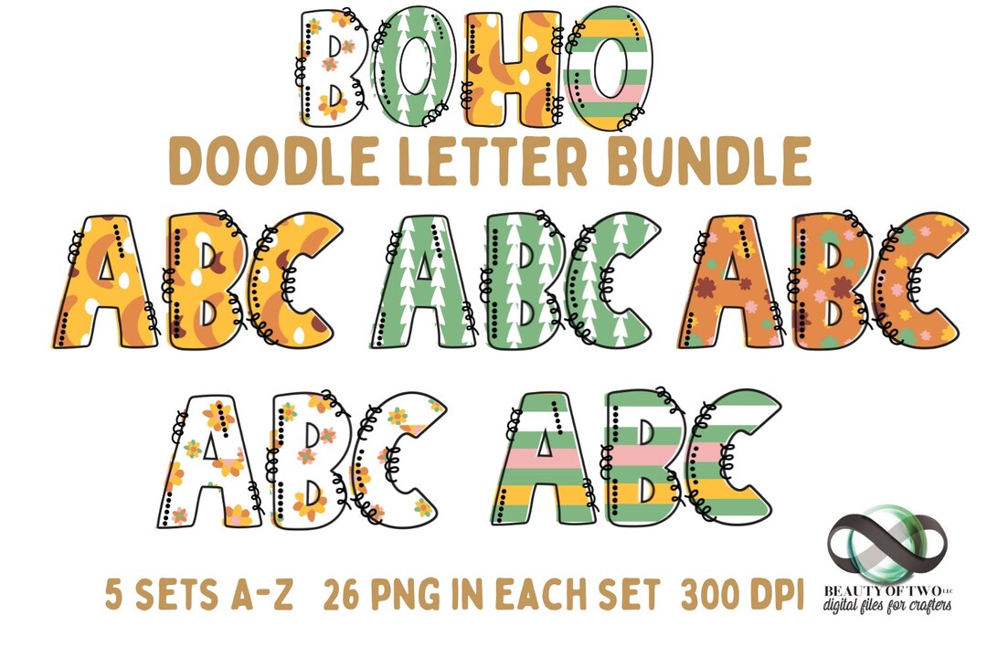 Alphabet PNG Bundle, Boho Doodle Letter PNG, Doodle Letter 5 Set 26 ...