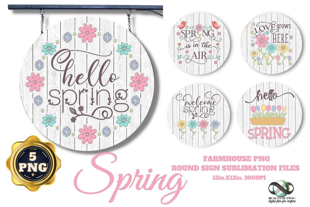 Sublimation Round Door Sign Bundle, 5 PNG Design, 5 Farmhouse Spring ...