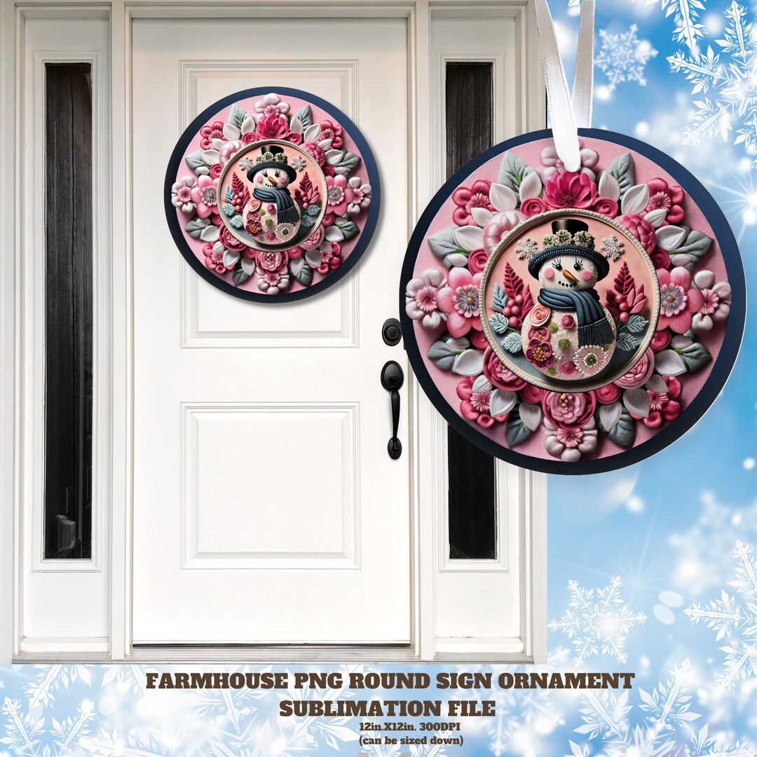 Sublimation Round Door Sign Design, Winter Pink Snowman Faux Embroidery ...