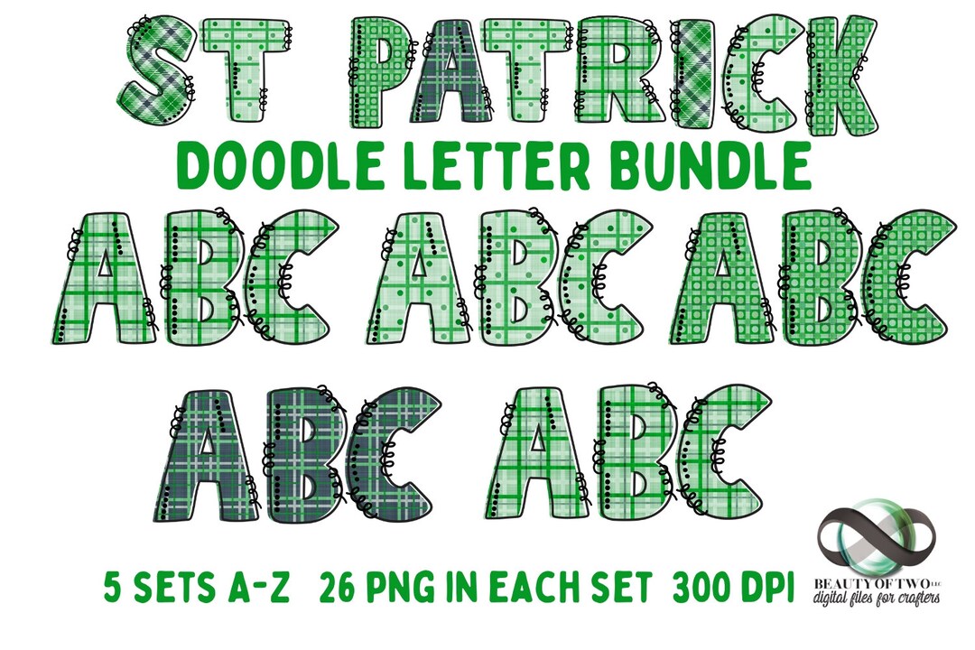 Doodle Alphabet PNG Bundle, St Patricks Day Doodle Letter PNG 5 Set 26 ...