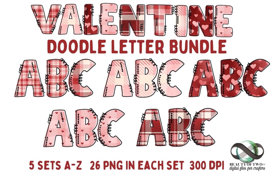 Valentine Alphabet PNG Bundle, Valentine Doodle Letter PNG, 5 Set 26 ...