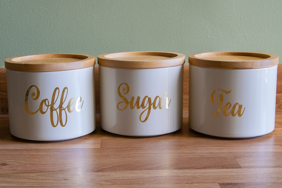 GOLD CHROME Coffee Tea Sugar Jar Stickers Vinyl Cut Adhesive Kitchen ...