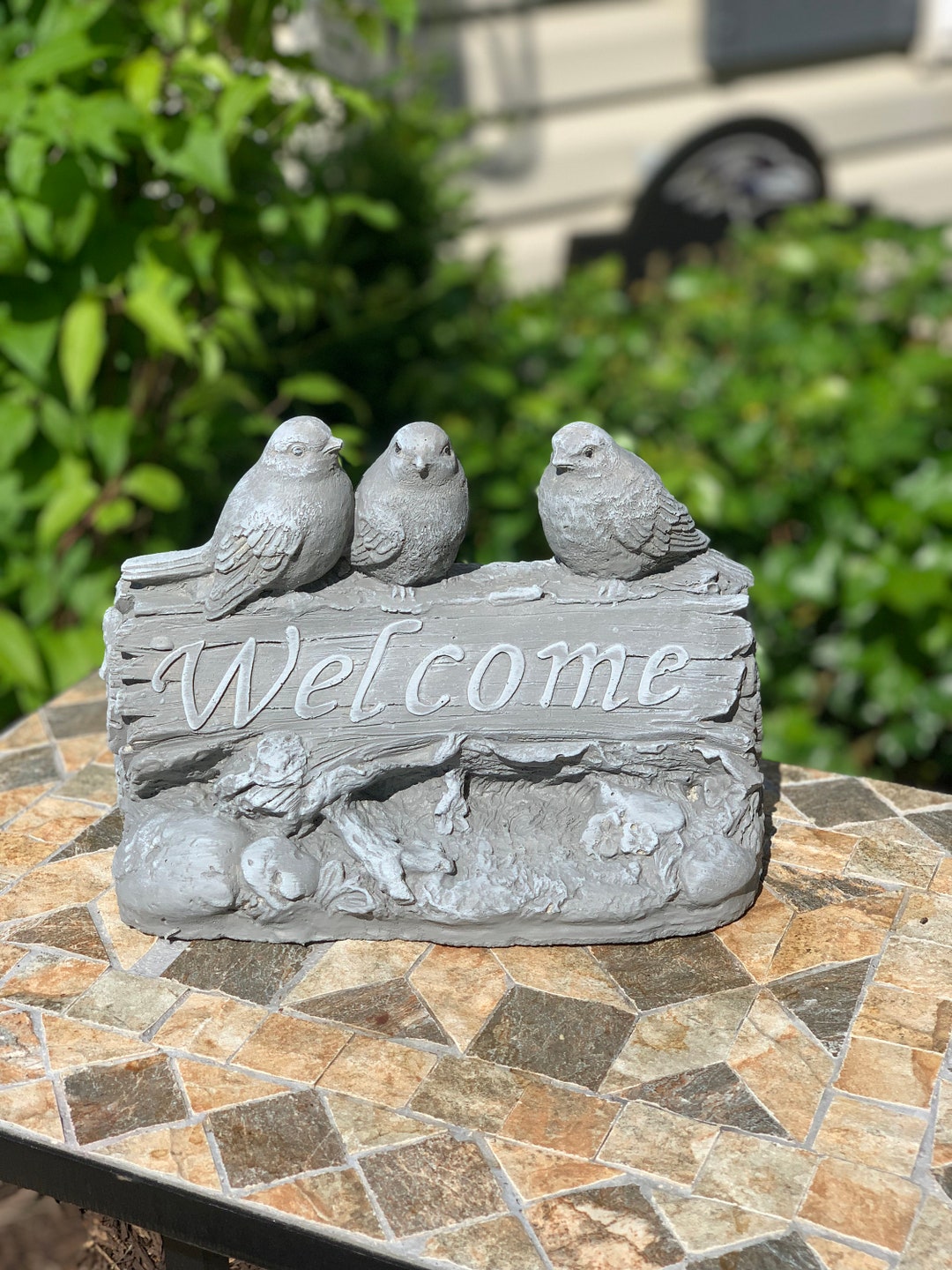 Three Birds Welcome Concrete Statue Sign, Garden Statue, Garden Sign ...
