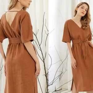 Chic and Elegant V Back Linen Dress With Detachable Tie - Etsy