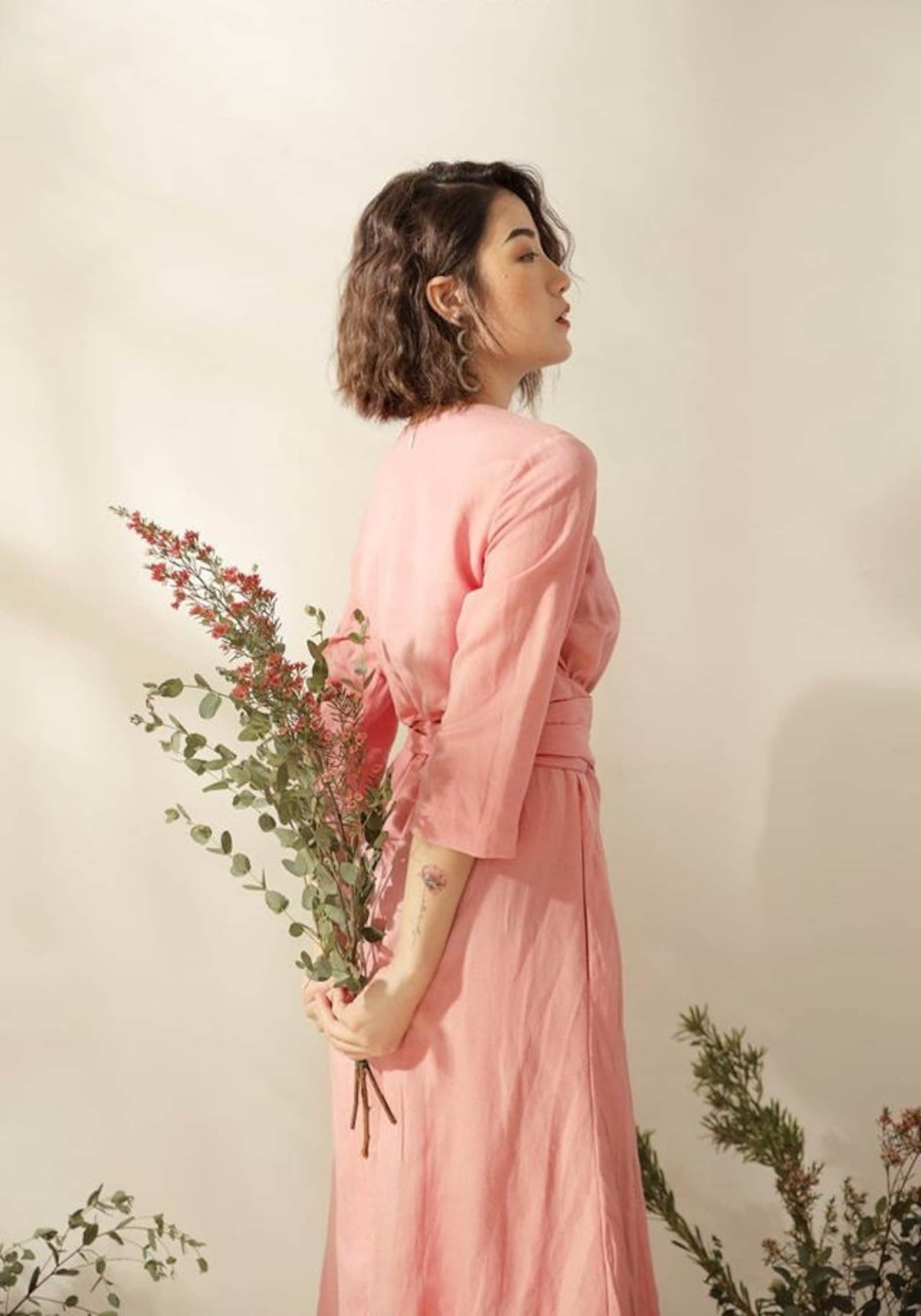 Loose Linen Dress With Belt in Light Pink Linen Midi Dress - Etsy