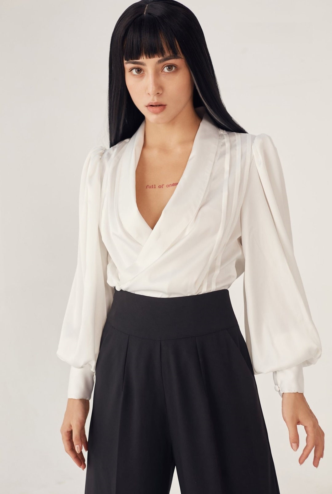 Bishop Sleeves Shirt With Deep V Neck | Womens Silk Blouses, Blouse ...