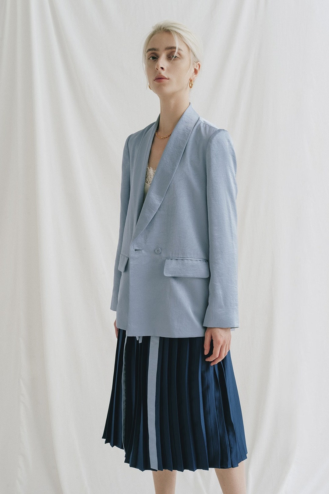 Light Blue Linen Blazer With Notched Lapel - Long Sleeves Linen Blazer ...
