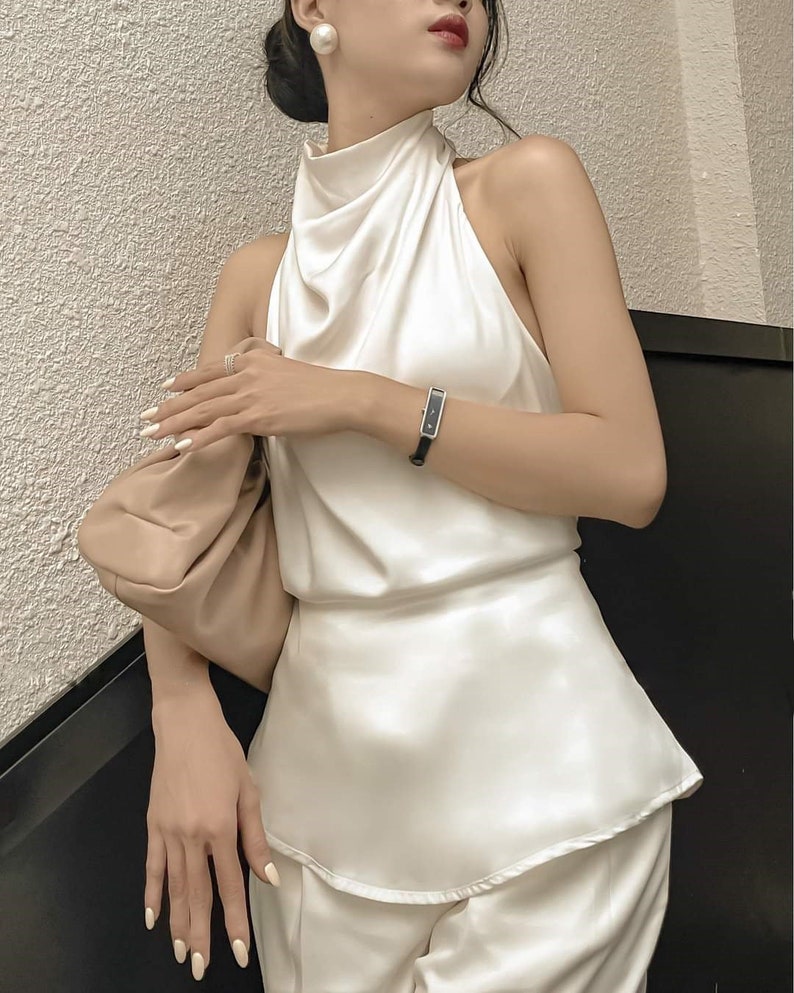 Open Back Silk Top for Women - Sleeveless Loose Silk Shirt in White ...