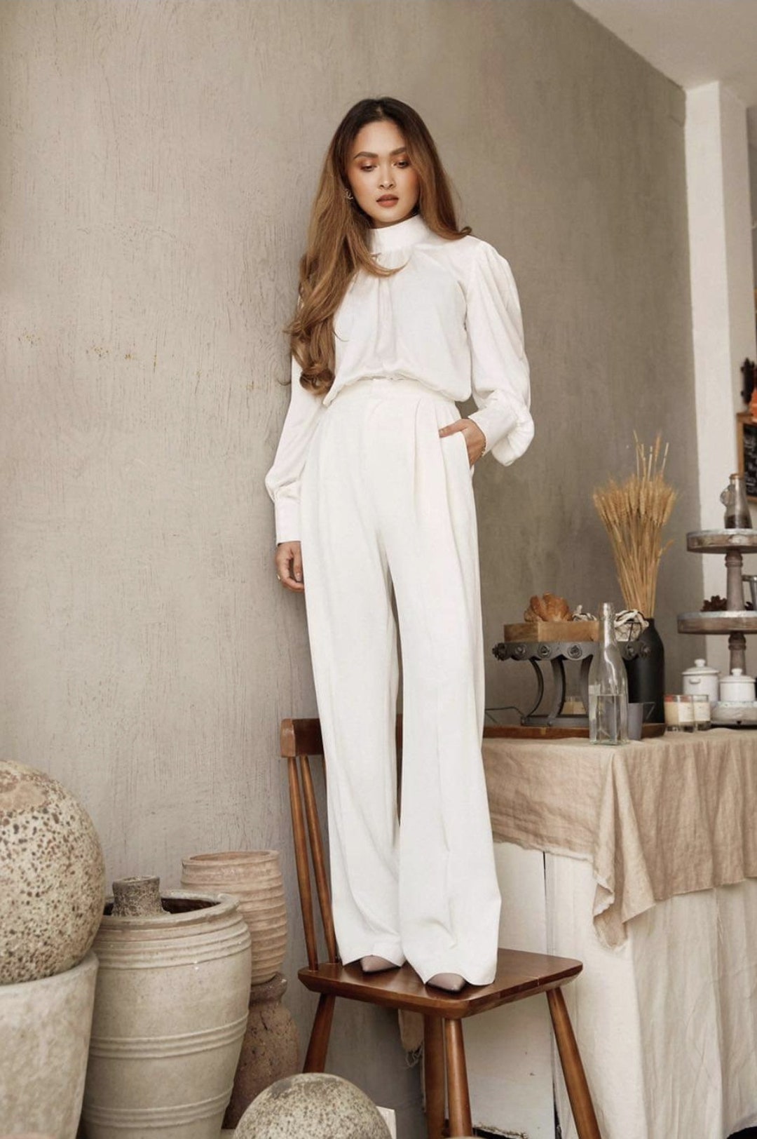 Pleated Maxi Silk Pants - High Waisted Silk Pants in White - Wide Leg ...
