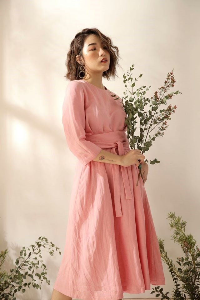 Loose Linen Dress With Belt in Light Pink Linen Midi Dress - Etsy