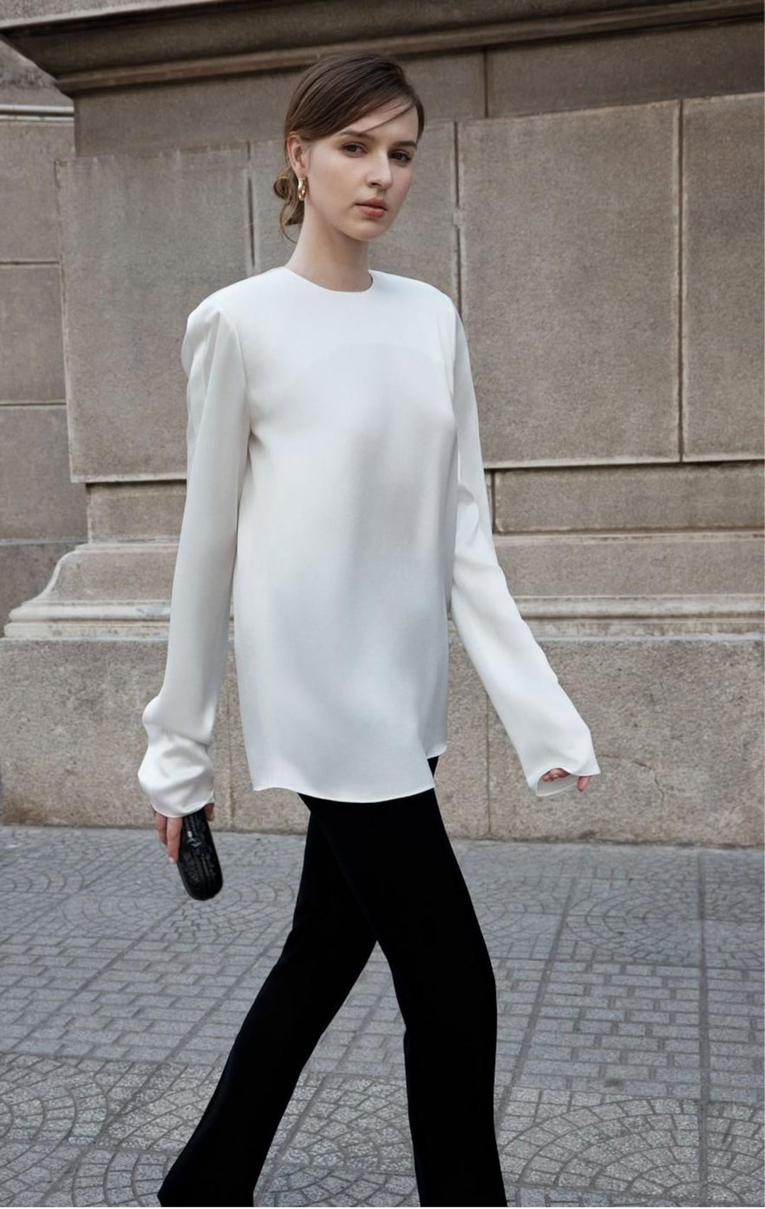 WOMENS Silk Long TOP in White Color, Crew Neck Blouse Women, Silk Shirt ...