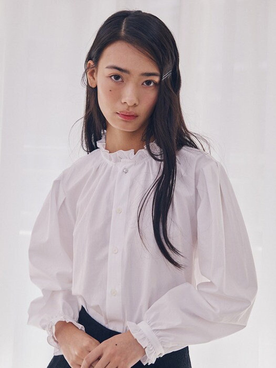 Ruffle Neck Blouse , Shirt Long Sleeves, Vintage Top's Women, White ...