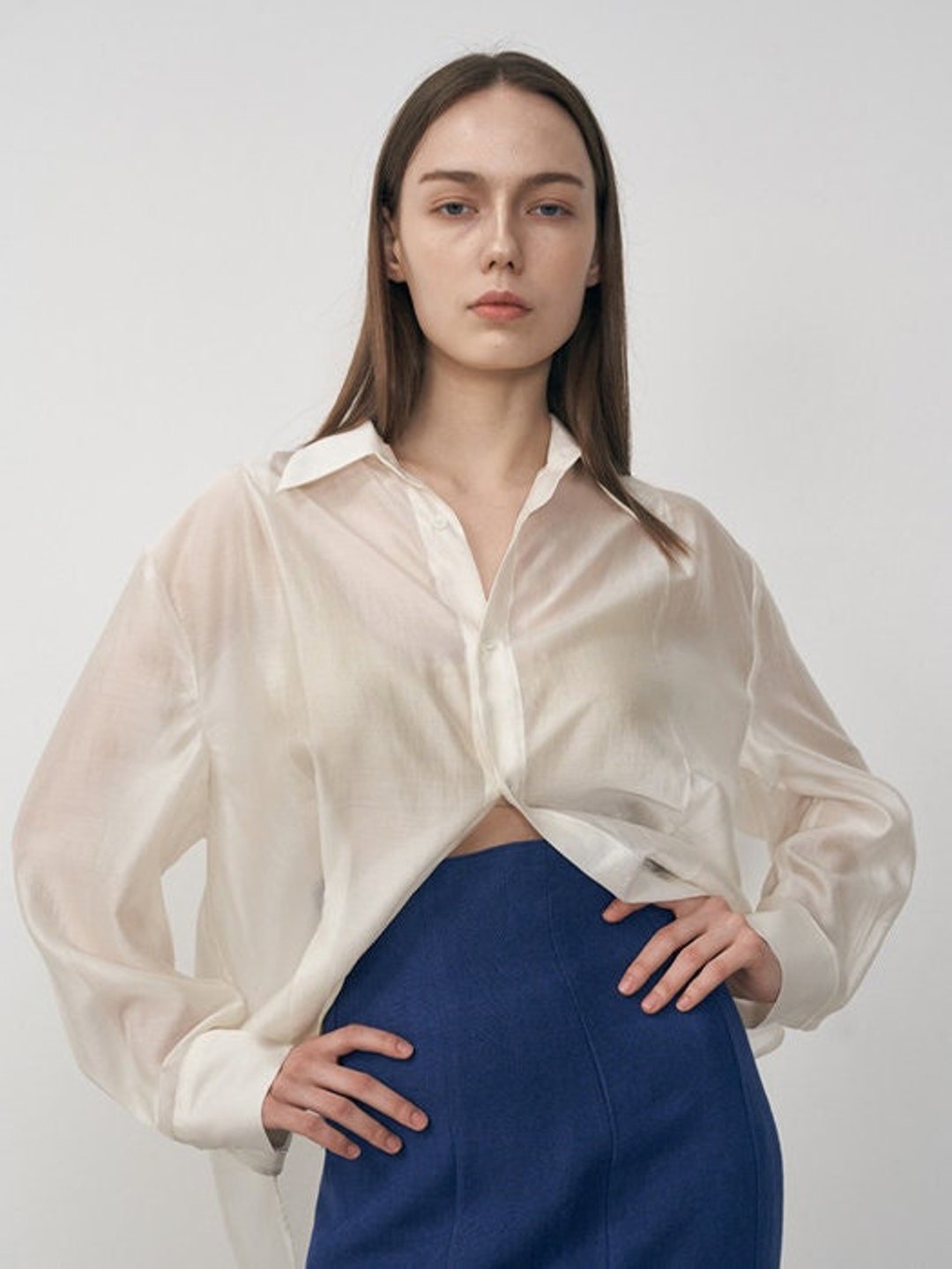 Oversize Soft Organza Blouse With Long Sleeve and Collared, Bishop Long ...