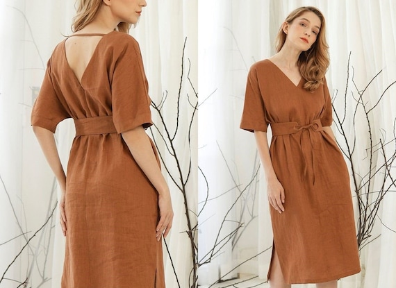 Chic and Elegant V Back Linen Dress With Detachable Tie - Etsy