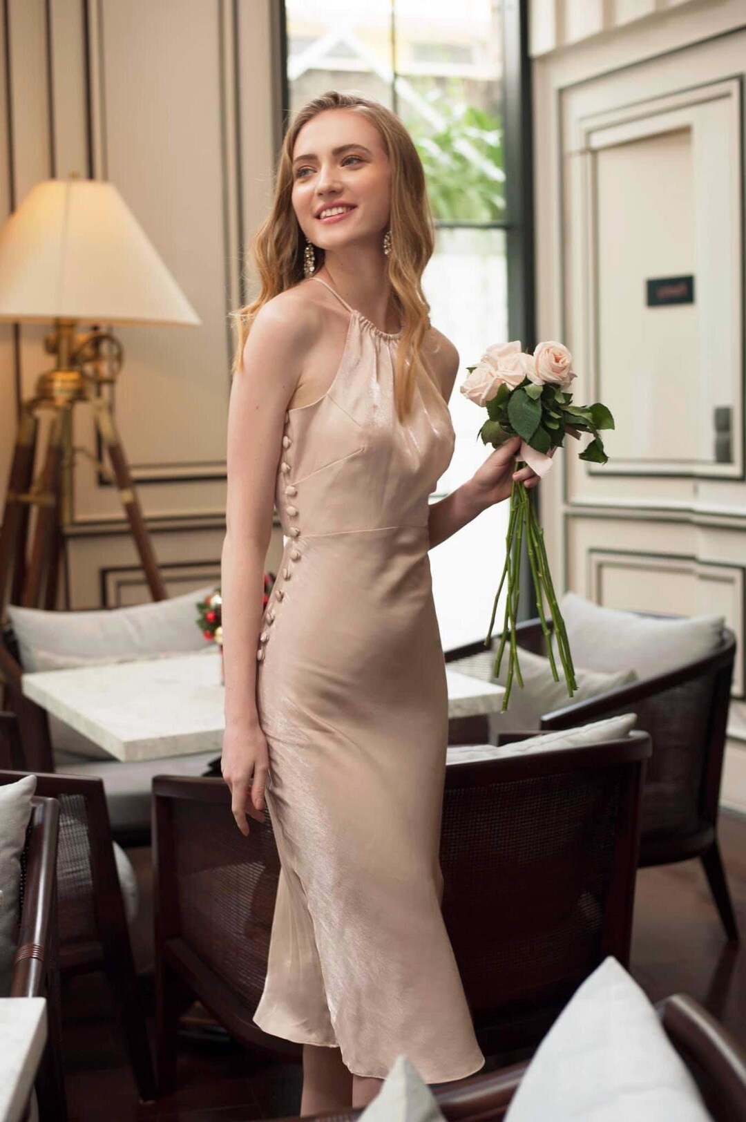 Button Silk Dress /bridesmaids Silk Dress/summer Dress/wedding Guest ...