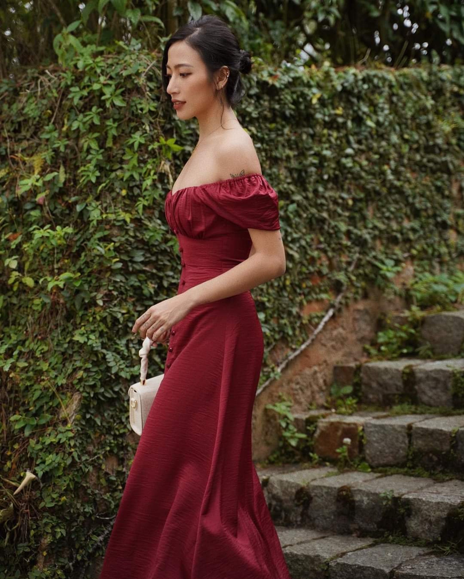 Wedding Guest Buttons Dress - off Shoulder Silk Dress - Short Sleeve ...