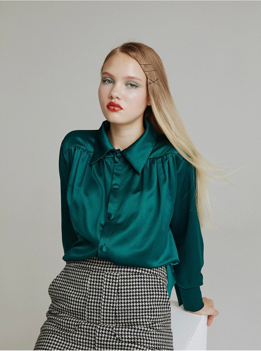 Oversize Office Shirt, Loose Fitting Silk Shirt , Emerald Blouse Design, Bishop Long Sleeve ...