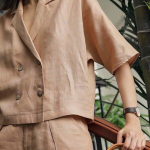 Double Breasted Linen Blouse - Short Sleeves Linen Shirt - Notched ...