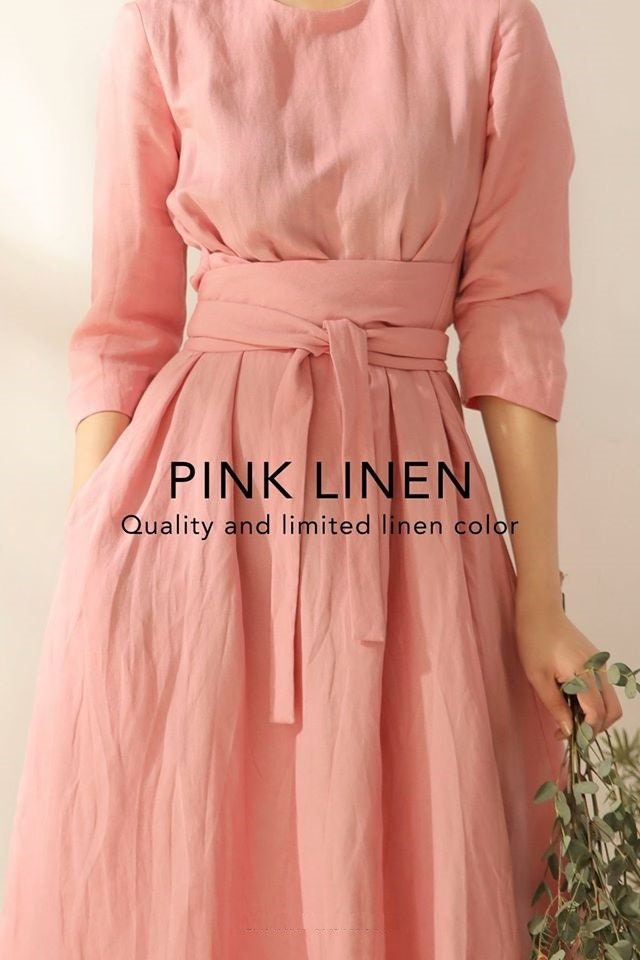 Loose Linen Dress With Belt in Light Pink Linen Midi Dress - Etsy