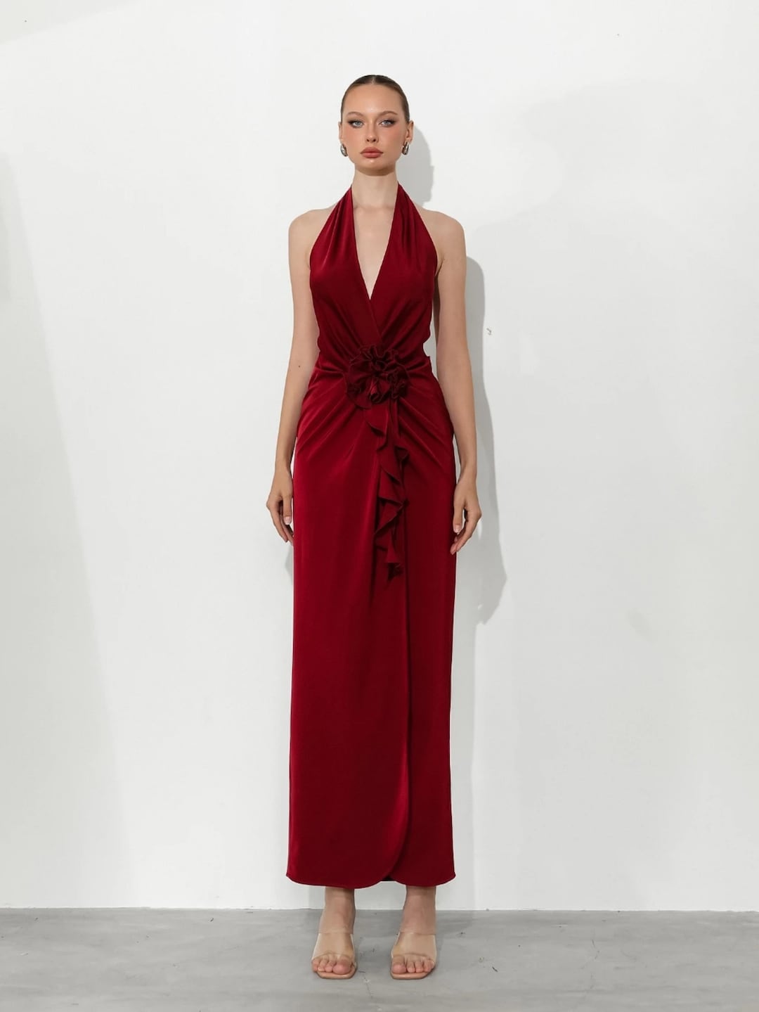 Halter Neck Midi Slit Dress / Wedding Guest Maxi Dress / Feminine Midi ...