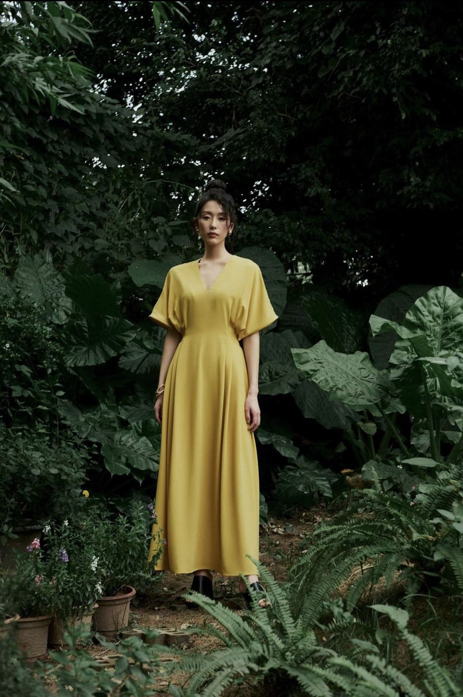 Angle Sleeve Silk Dress - Wedding Guest Long Dress - V Neck Silk Dress ...