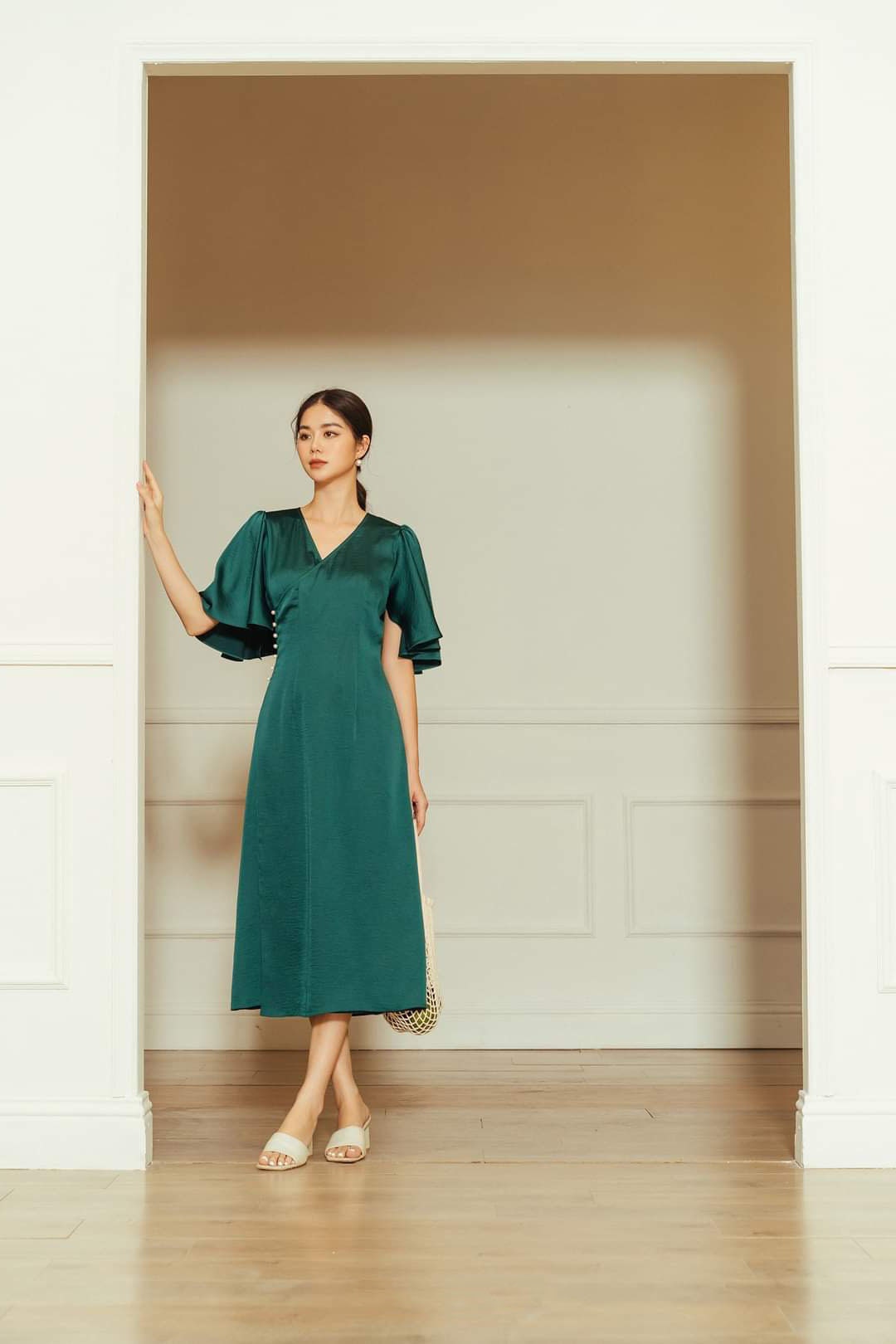 Angle Sleeve Silk Dress -buttons Side Silk Dress - Wedding Guest Midi ...