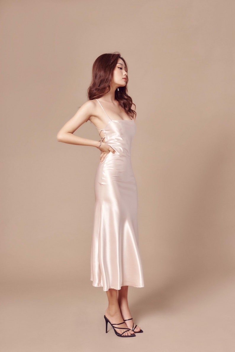 Open Back Sexy Silk Dress - Wedding Guest Midi Dress - Square Neck Silk ...